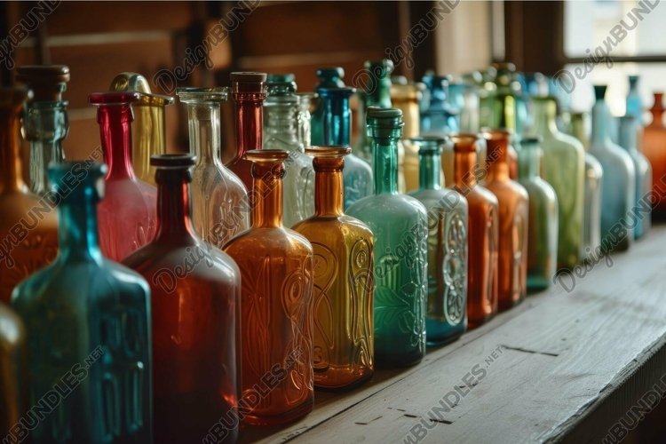 Vibrant glass bottles collection on wooden shelf