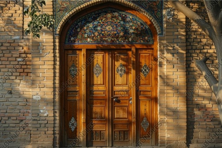 Traditional decorative wooden door with ornate tiling