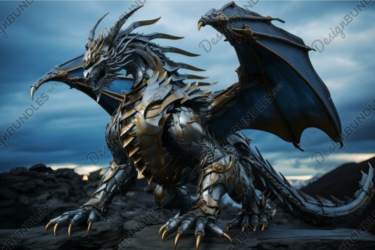 Majestic metallic dragon sculpture at dusk
