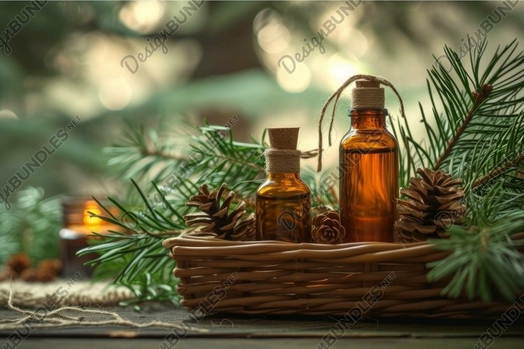 Festive pine essential oils in wicker basket