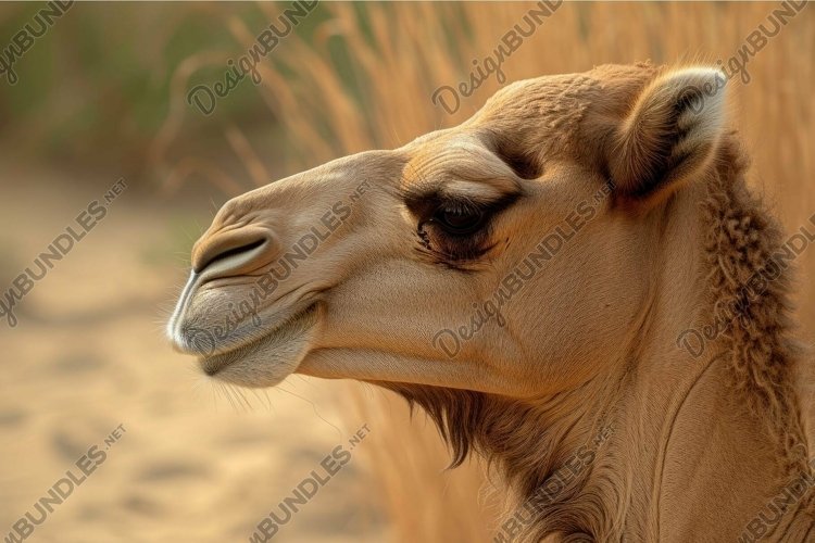 Serene camel close-up in desert environment