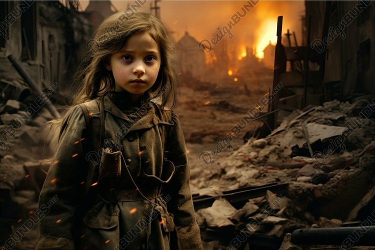 Young girl stands in the rubble of a devastated cityscape wi