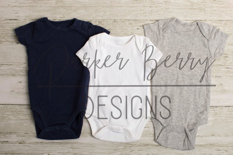 Navy Blue, White, Grey Blank Baby Body Suit Mock up