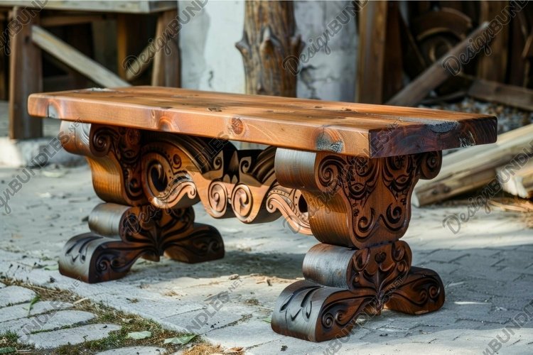Beautiful hand carved wooden bench is standing outside a wor