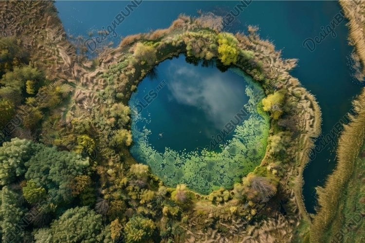 Aerial view of circular lake surrounded by vegetation