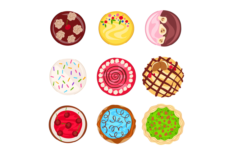 Assortment of colorful round cakes and tarts top view
