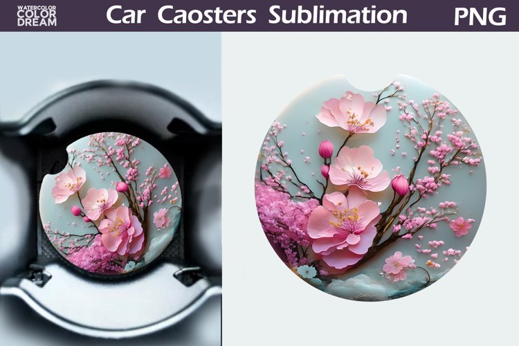 Pink Flowers Car Coaster | 3D Flowers Round (4584047)