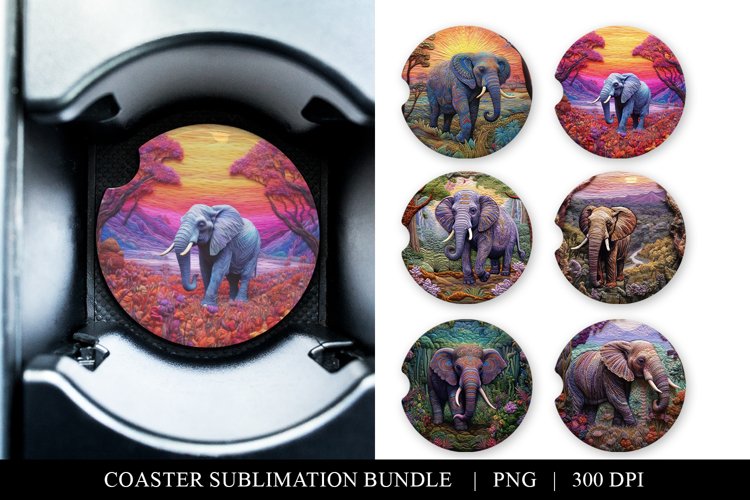 Wild Elephant Faux Embroidery Car Coaster Sublimation Bundle