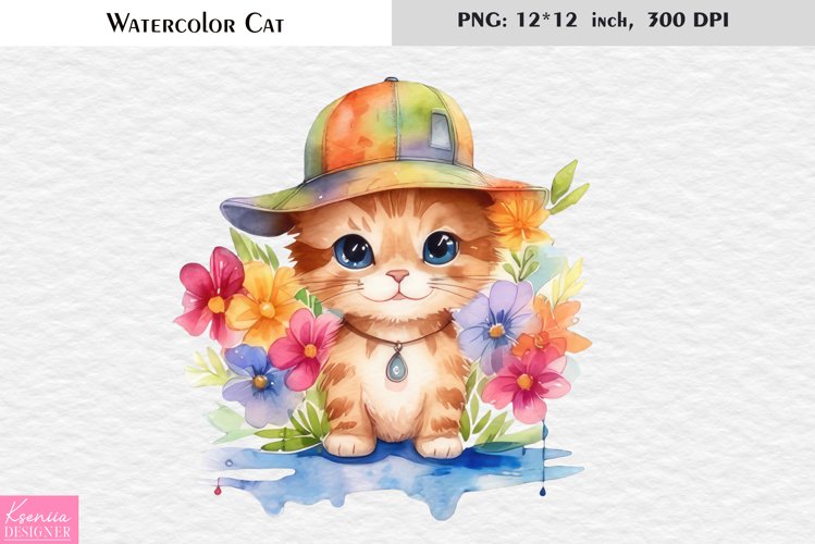 Spring Smiling Cat Printable|Cute Watercolor Cat Sublimation