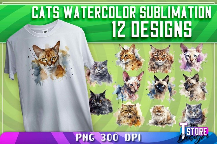 Cats Watercolor Sublimation | T-Shirt Design | PNG (2908091)
