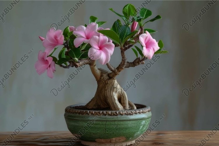 Blooming pink adenium bonsai tree in green pot