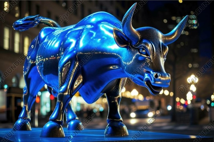 Illuminated blue bull statue at night