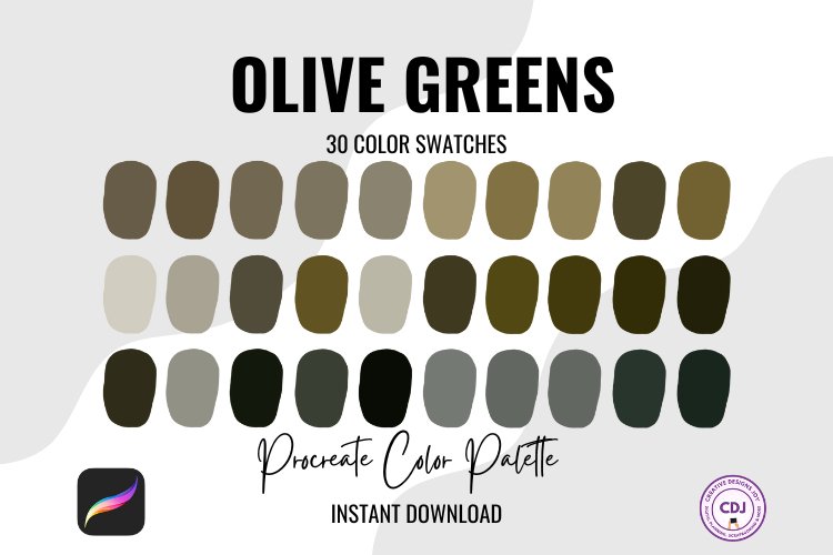 Olive Greens Procreate Color Palettes, 30 Color Swatches