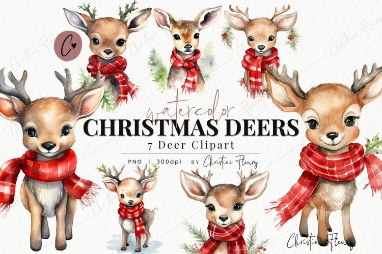 7 Watercolor Christmas Deer Clipart