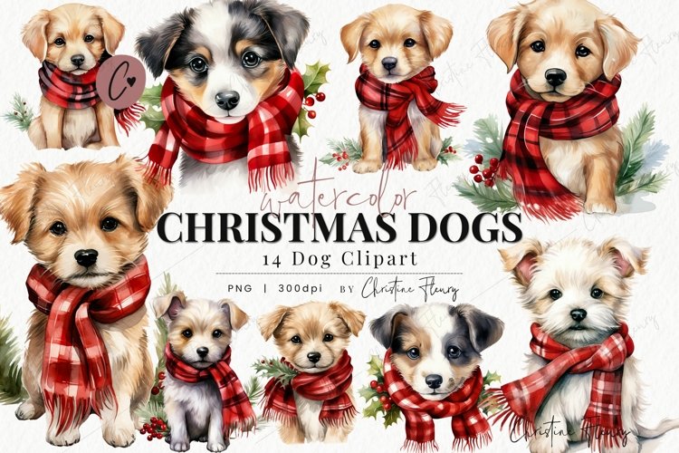 14 Watercolor Christmas Dog Clipart