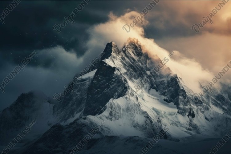 Majestic snow-capped mountain peaks at dusk