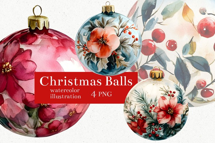Christmas balls ornaments clipart watercolor illustrations.