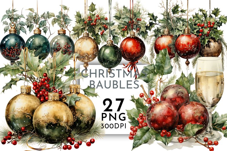 Watercolor Christmas Baubles Clipart PNG 27