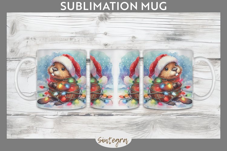 Christmas Beaver Entangled in Lights Mug Wrap Sublimation
