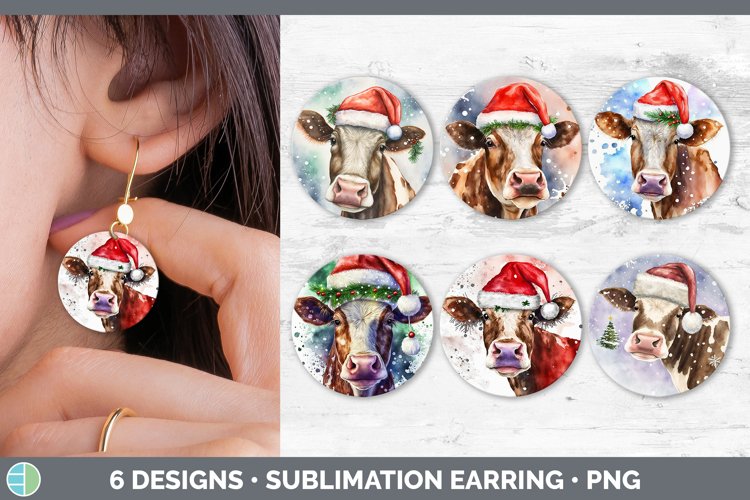 Christmas Cow Round Earring | Sublimation Designs Bundle