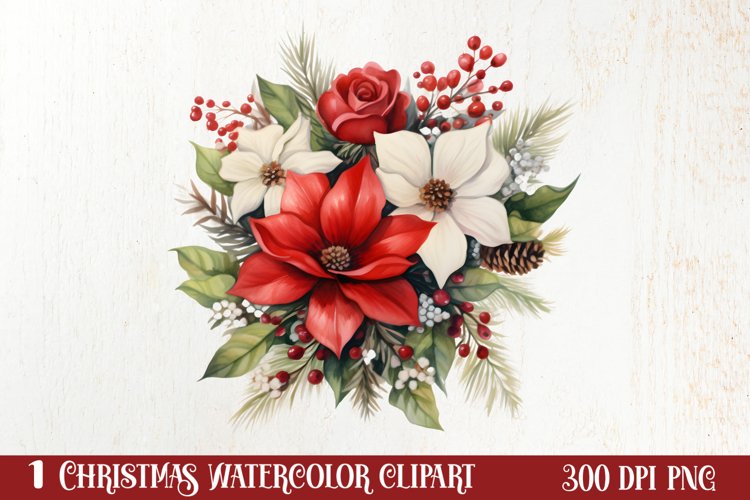 Christmas Flowers Watercolor Clipart Bundle, Christmas Flowe