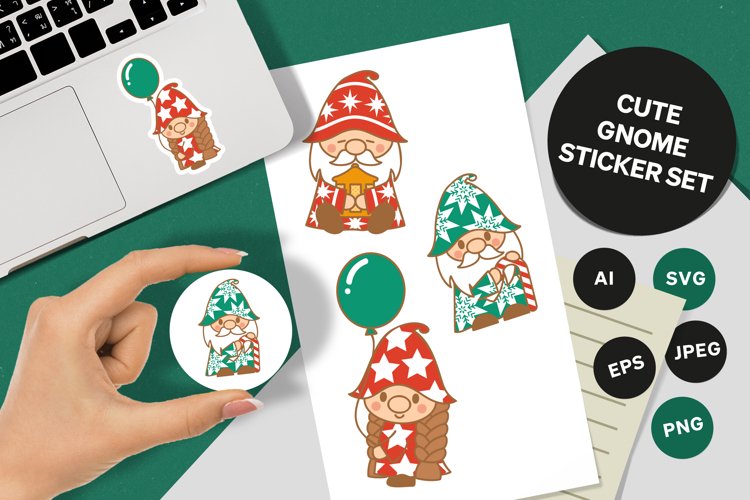 Gnome Holding Candy Stick and Balloon Sticker Set