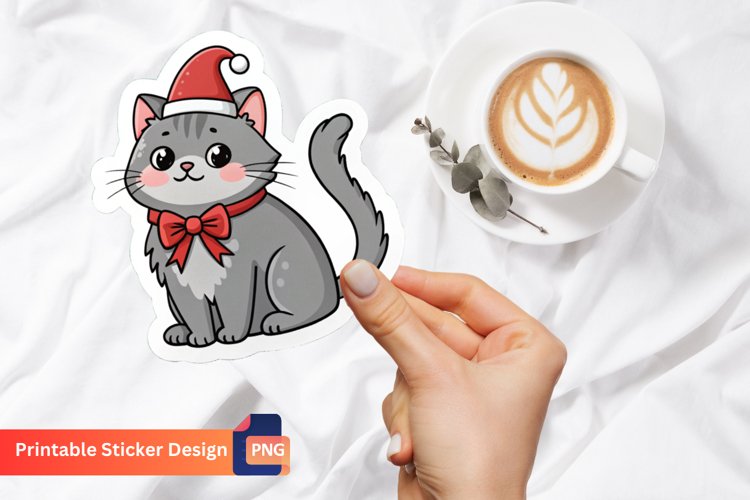 Christmas Grey Cat Sticker, Cozy Winter Cat Sticker