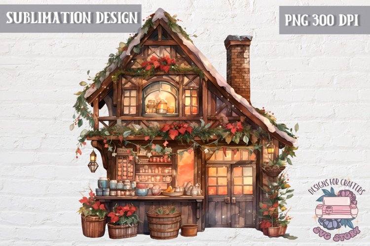 Christmas Cottage cozy Decorated Tree Sublimation Design