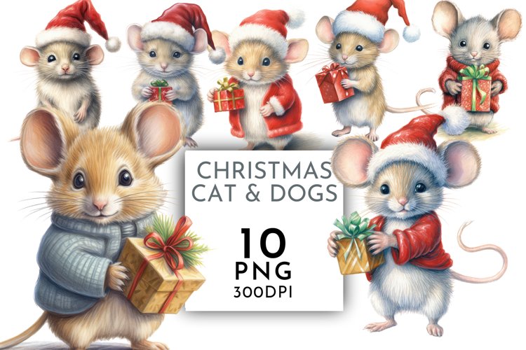 Mice in Christmas Santa Hats | Watercolor Clipart