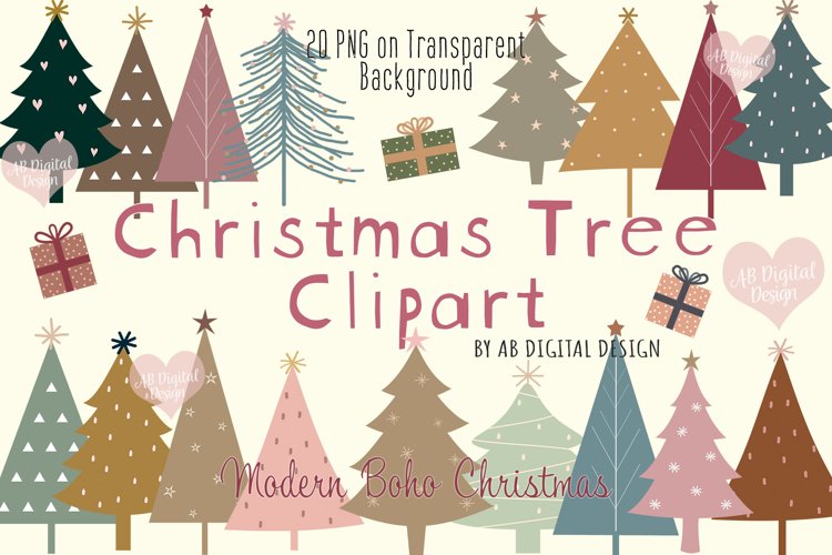Boho Modern Christmas Tree Clipart Bundle