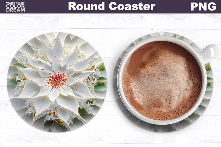 Christmas White Flower Coaster PNG |Poinsettia Round Coaster