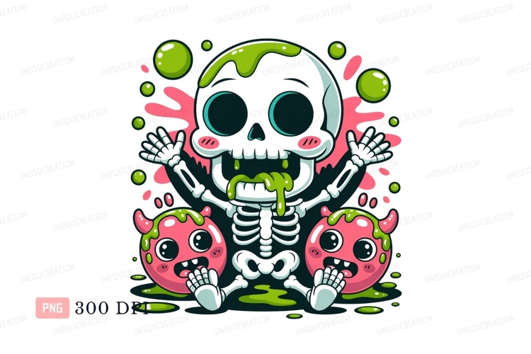 Cute skeleton with pink creatures and green slime skull