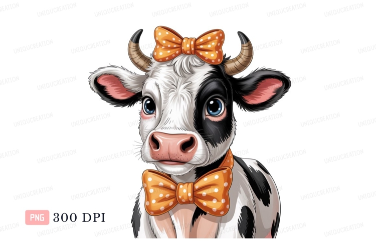 Adorable cow with orange polka dot bows animal black