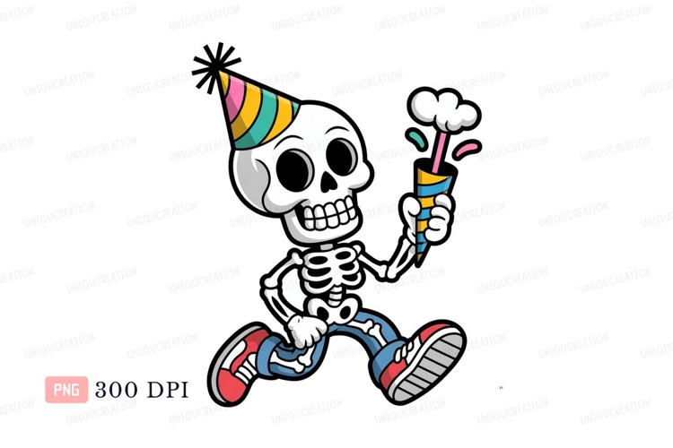 Skeleton wearing party hat and holding party popper