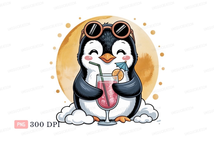 Adorable penguin enjoys refreshing drink cocktail summer