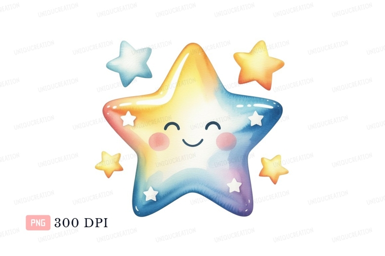 Smiling star with rainbow colors and smaller stars