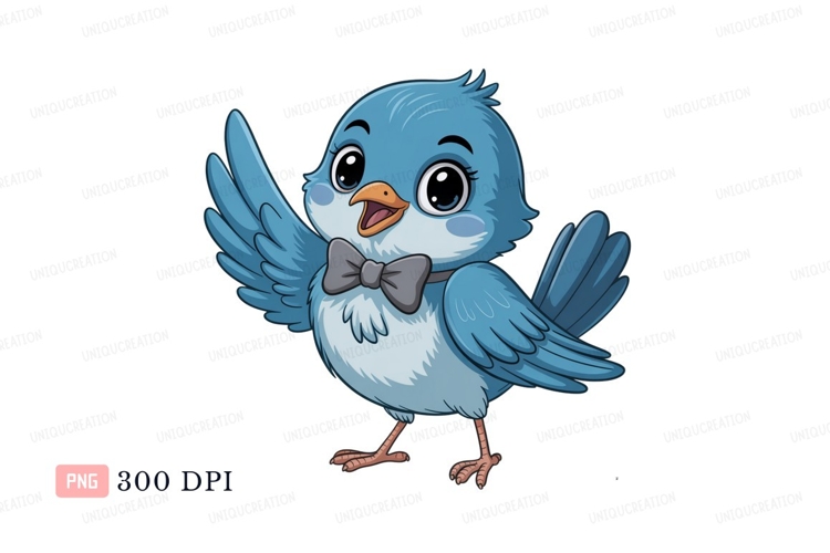 Blue bird with bow tie waving cartoon