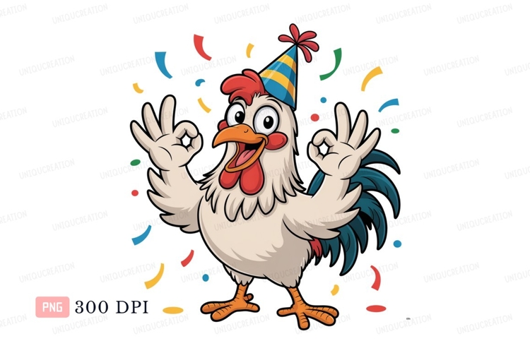 Happy chicken wearing party hat confetti celebration