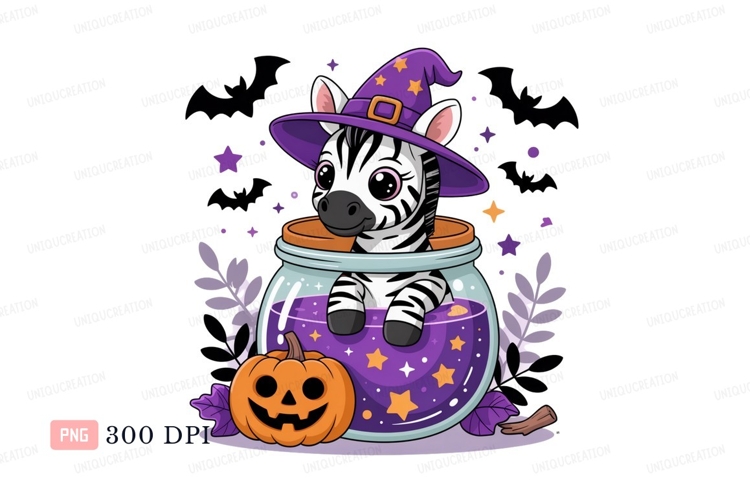 Zebra witch in jar with pumpkin potion