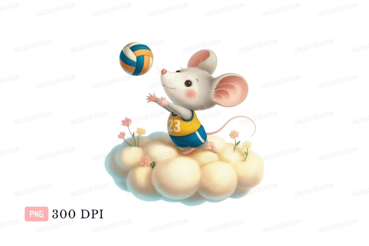 Cute mouse playing volleyball on cloud sport