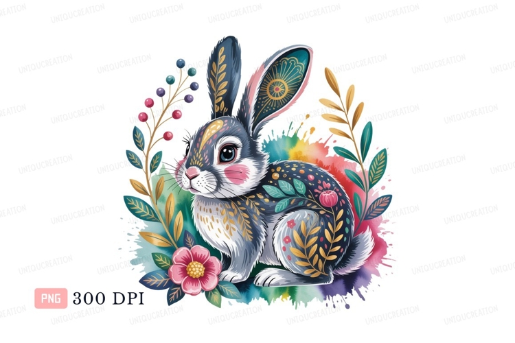 Decorated rabbit surrounded by colorful foliage bunny