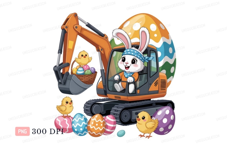 Bunny driving excavator with chicks and easter eggs