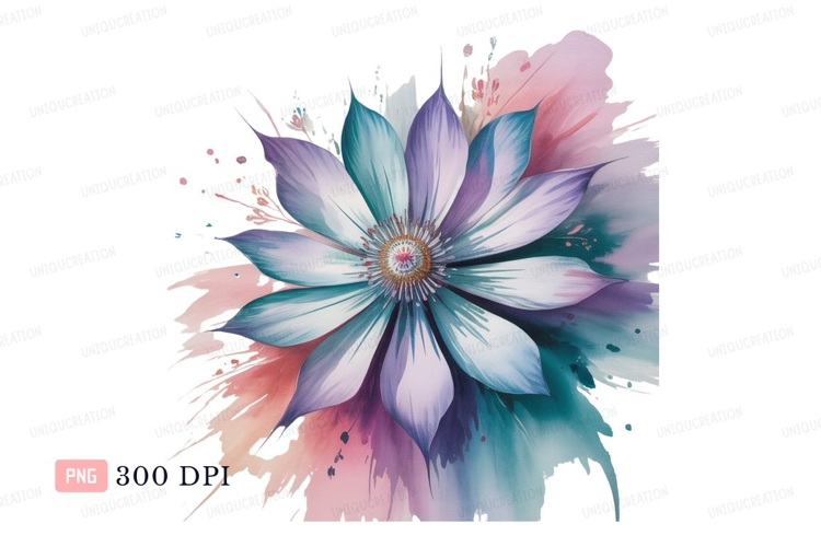 Colorful bloom with watercolor splashes flower petals