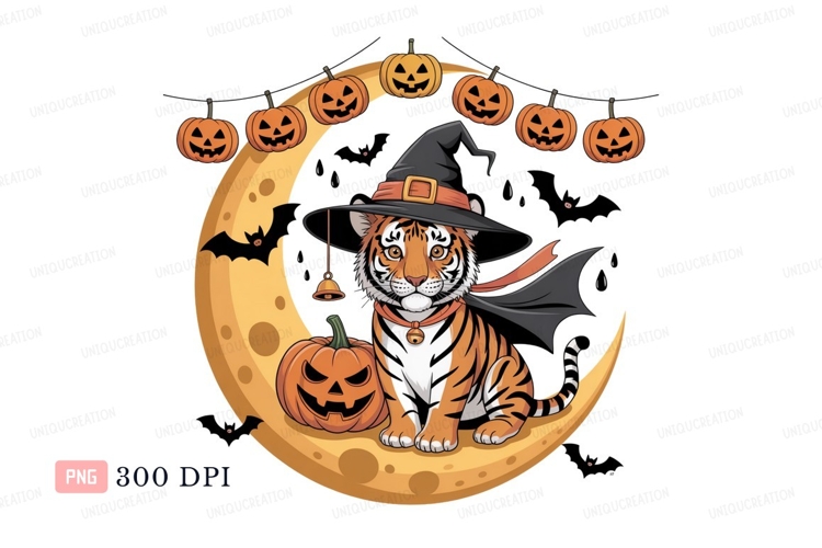 Tiger witch on moon with pumpkins image