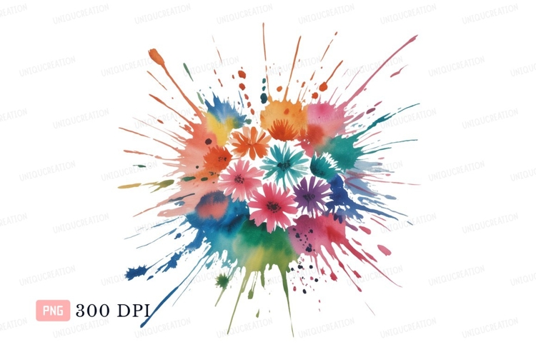 Colorful floral ink splash flowers watercolor