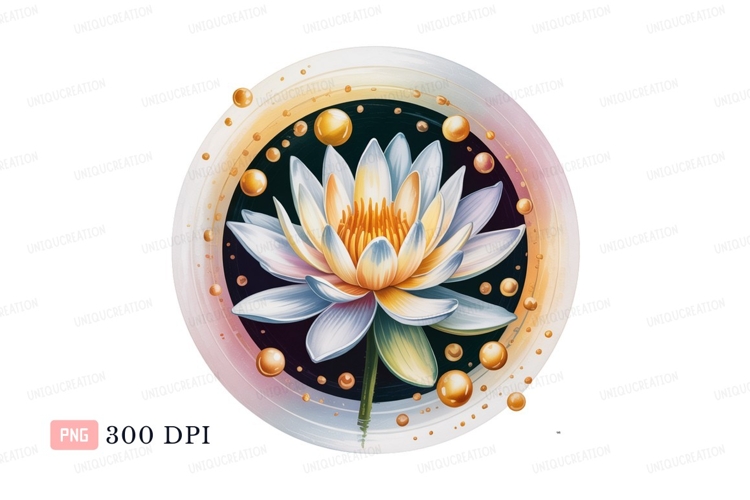 White lotus flower with golden orbs yellow orange