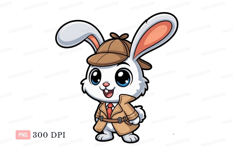 Cute detective bunny wearing trench coat and hat rabbit