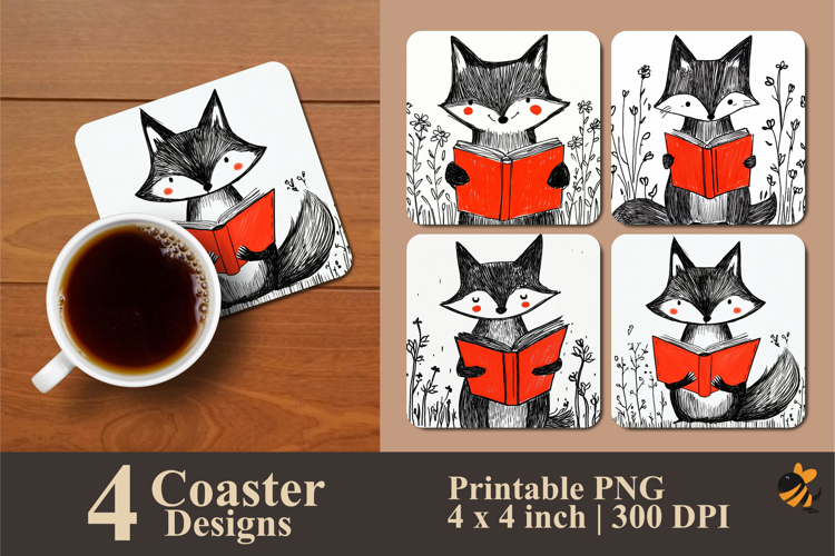 Reading Fox Coaster Sublimation Design