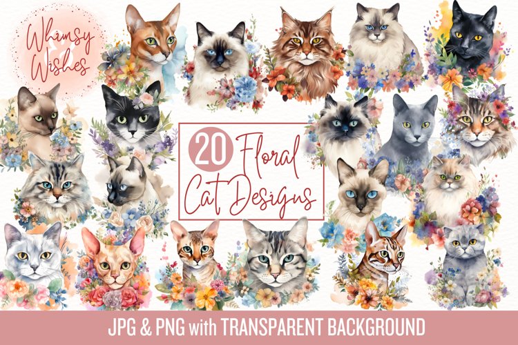 Floral Cats Watercolor Clip Art Bundle