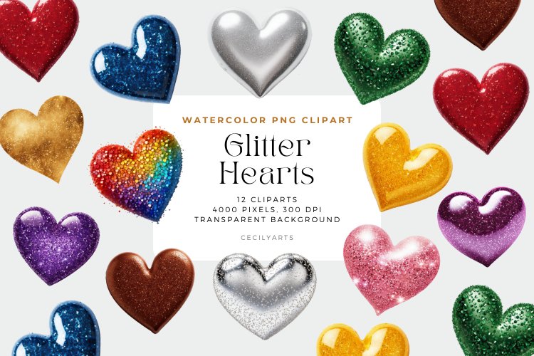 12 Colorful Glitter Hearts Clipart